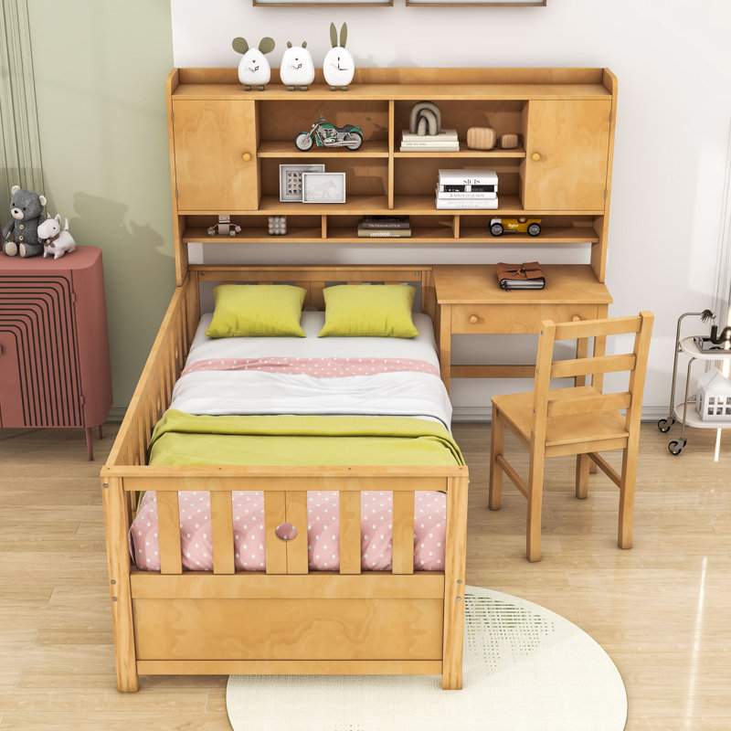 Dekendra Twin Size Wood Platform Bed with Built in Desk Chair Bookshelf Drawer Lark Manor Color Natural